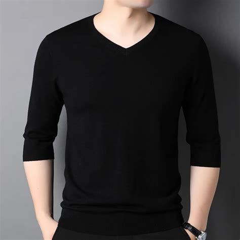 남성용 얇은 모직 스웨터 티셔츠 단색 및 V넥 니트 34 소매 보터밍 탑 봄 여름 Aliexpress