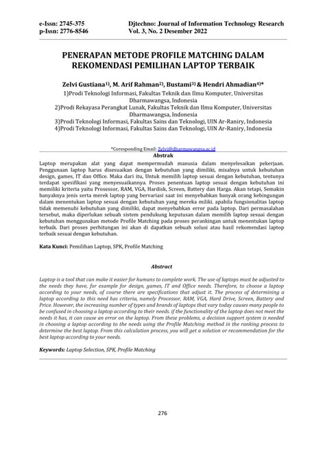 Pdf Penerapan Metode Profile Matching Dalam Rekomendasi Pemilihan Laptop Terbaik