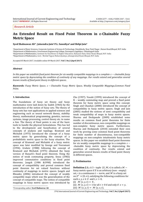 PDF An Extended Result on Fixed Point Theorem in ε Chainable Fuzzy Metric Space