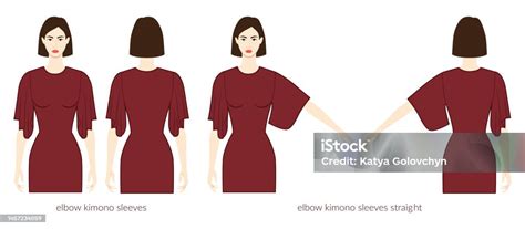 기모노 소매 팔꿈치 길이의 옷 캐릭터 아가씨 인 버건디 탑 셔츠 드레스 테크니컬 패션 일러스트 적합 플랫 의류 템플릿 앞면 뒷면 여성 남성 남녀 공용 Cad 모형 T 셔츠에