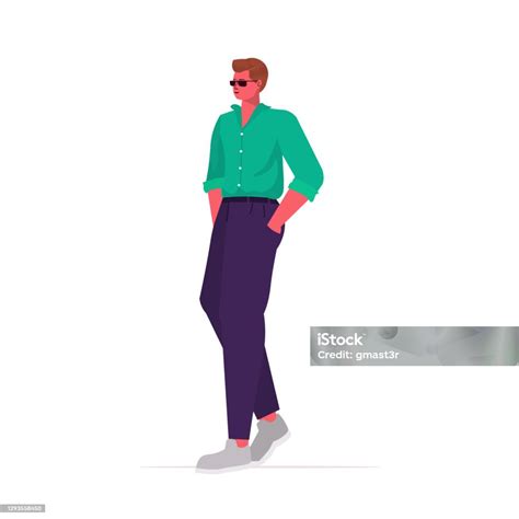 캐주얼 트렌디 한 옷 남성 만화 캐릭터 서 포즈에 젊은 남자 T 셔츠에 대한 스톡 벡터 아트 및 기타 이미지 T 셔츠