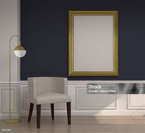 골든 프레임 화이트 거실 고전적인 스타일 인테리어 배경 3d 렌더링 빈 벽에에서 안락을 모의 0명에 대한 스톡 사진 및 기타 이미지 Istock