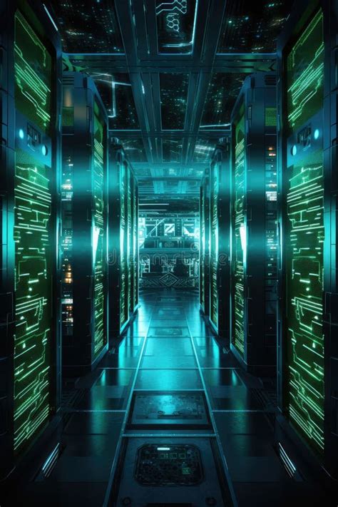 Glowing Server Room Illuminated By Digital Displays At Night Stock Illustration Illustration