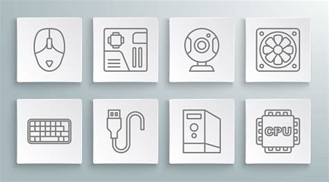라인 키보드 마더 보드 디지털 칩 Usb 케이블 코드 컴퓨터 케이스 Cpu가있는 프로세서 웹 카메라 컴퓨터 쿨러 및 마우스 아이콘을 설정합니다 벡터 0명에 대한 스톡 벡터