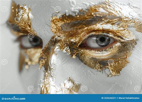 White Woman Face On White Background With Opened Eyes Gold Fashionable