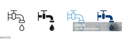 수도꼭지와 물방울 검정색과 컬러 픽토그램 클래식 밸브 실루엣과 라인 아이콘 세트가 있는 수도꼭지 욕실 기호 공공 서비스 배관 기호 컬렉션 벡터 격리 된 그림 수도꼭지에 대한