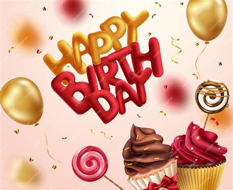 Векторный концепт дизайн поздравления с днем рождения с днем рождения 3d текст на воздушном