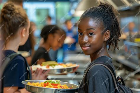 a school girl with a backpack receiving her lunch from a friendly