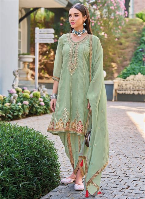 Buy Online Organza Readymade Salwar Suit In Sea Green 283884