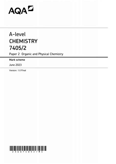 AQA A LEVEL CHEMISTRY PAPER MARK SCHEME ORGANIC AND PHYSICAL CHEMISTRY AQA A