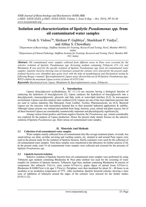 Isolation And Characterization Of Lipolytic Pseudomonas Spp From Oil