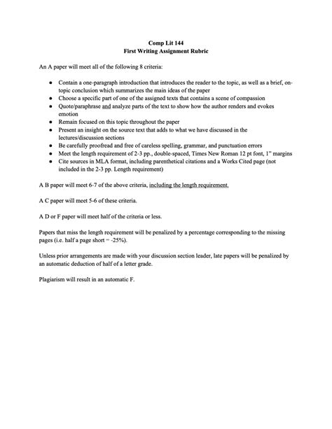 First Writing Assignment Rubric Studocu