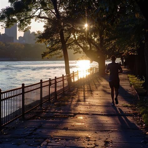 A Jogger Running Along A Riverfront Path Premium Ai Generated Image