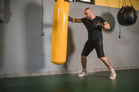 힘센 남자 파이터들이 체육관에서 혼자 조교하고 펀치백을 친다 체육관에서 복싱 건강한 생활방식에 대한 스톡 사진 및 기타 이미지