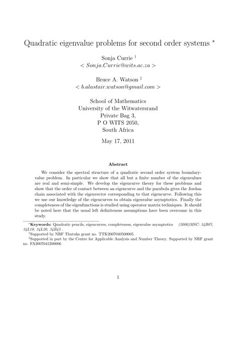 Pdf Quadratic Eigenvalue Problems For Second Order Systems