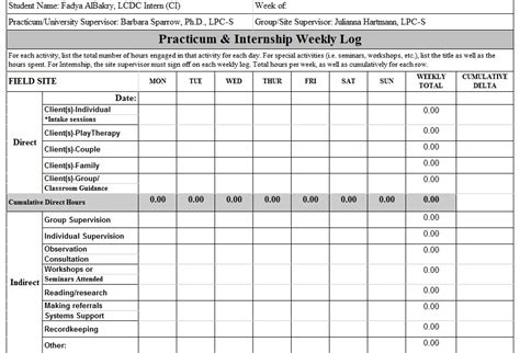 Internship Weekly Log Excel Template ~ Template Sample
