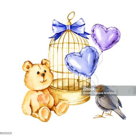 황금 새장 귀여운 새 재미 있는 곰 장난감 하트 모양의 파란색과 라일락 호일 공기 풍선 발렌타인 데이 생일 및 어린이 파티에 대