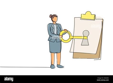 Continuous One Line Drawing Businesswoman Put Key Into Clipboard