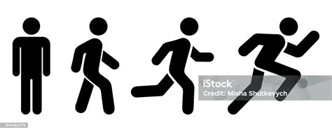 남자는 스탠드 산책 및 실행 아이콘 세트 사람 기호 서 서 있는 사람 걷기 와 실행 그림 실행 산책 일어서 벡터 일러스트레이션 거리에 대한 스톡 벡터 아트 및 기타 이미지