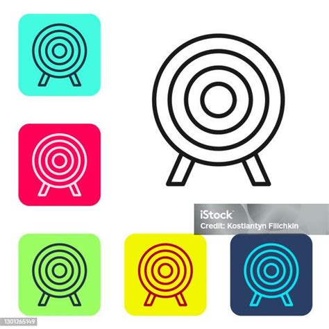 흰색 배경에 격리 된 블랙 라인 대상 스포츠 아이콘 사격장이나 촬영을 위한 숫자로 대상을 청소합니다 색상 정사각형 단추로 아이콘을 설정합니다 벡터 가리키기에 대한 스톡 벡터