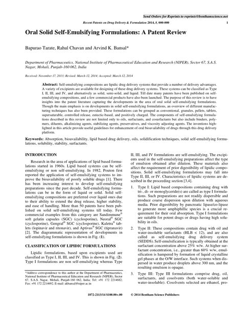 PDF Oral Solid Self Emulsifying Formulations A Patent Review