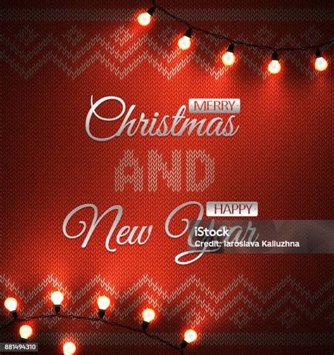 금속 메리 크리스마스와 새 해 복 많이 받으세요 텍스트 기하학적 장식 니트 배경 조명 전구 벡터 크리스마스 조명입니다 니트 겨울 빨간 색 스웨터입니다 레트로 디자인 0명에