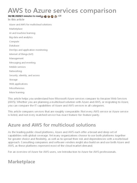 Aws To Azure Services Comparison High Level Pdf Pdf Microsoft Azure