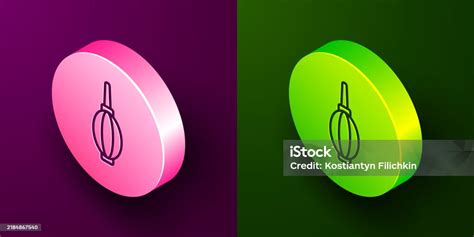 아이소 메트릭 라인 먼지 송풍기 아이콘은 자주색과 녹색 배경에 격리되어 있습니다 에어 더스터 렌즈 클리너 카메라 센서 청소 원 버튼을 클릭합니다 벡터 0명에 대한 스톡 벡터