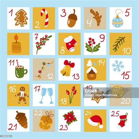 크리스마스를위한 강림절 달력 새해 사진과 함께 엽서에 첫 번째부터 25 일까지 날짜가 표시됩니다 사탕 지팡이 도토리 쿠키 포인 세티아 부츠 벡터 일러스트레이션 가문비나무에