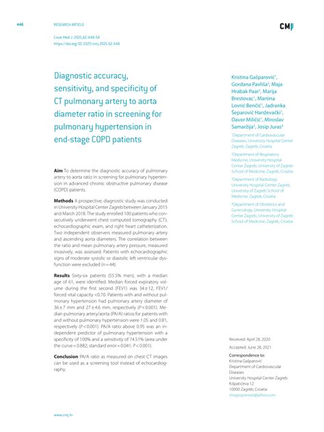 Pdf Diagnostic Accuracy Sensitivity And Specificity Of Ct Pulmonary Artery To Aorta Diameter