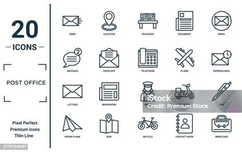 우체국 선형 아이콘 집합입니다 가는 선 보내기 메시지 편지 종이 비행기 서류 가방 전화 보고서 프리젠 테이션 다이어그램 웹 디자인 용 펜 아이콘을 포함합니다 0명에 대한