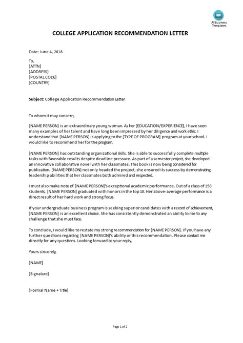 Sample Letter Of Recommendation For College Admission