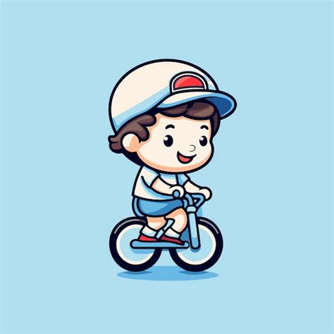 Милый мальчик на велосипеде Векторная иллюстрация в стиле мультфильма Премиум векторы