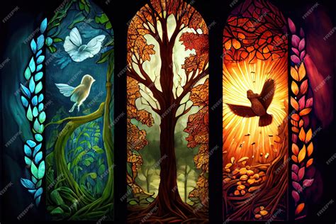 계절 봄 여름 가을 겨울의 연간 진행을 보여주는 빛나는 스테인드 글라스 창의 생성 Ai 그림 프리미엄 사진