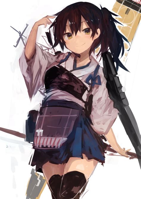 Safebooru 1girl Absurdres Apron Blue Hakama Bow Weapon Brown Eyes Brown Hair Commentary