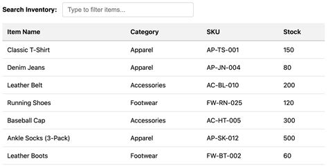 Filterable Searchable Table Template