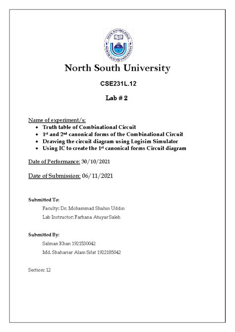 Lab Reprot 2 Lab Report North South University Cse231l Lab 2