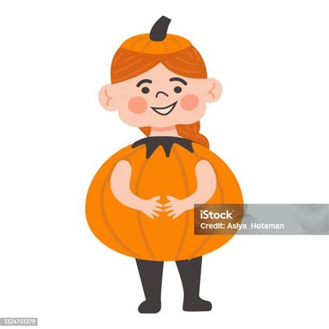 할로윈 키즈 의상 파티 할로윈 호박 의상을 입은 귀여운 생강 소녀 파티 초대 웹만화 벡터 캐릭터 웃는 점프 아이 흰색 배경에서