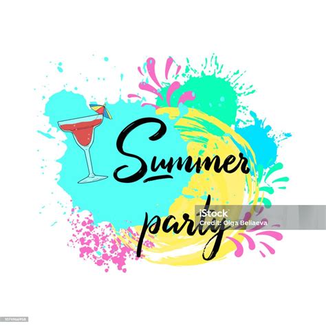 서 면된 레터링 여름 파티 여름 신선한 칵테일 및 디자인 요소를 손 밝은 여름 시간 포스터입니다 서식 파일 포스터 배지 아이콘 카드 엽서 로고 배너 태그 마실 것에 대한