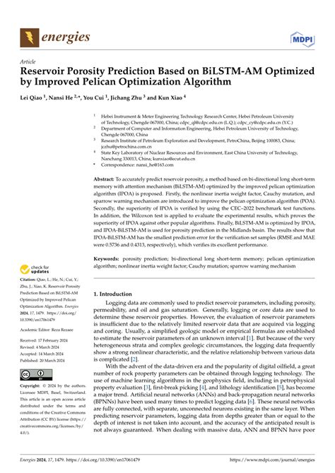 Pdf Reservoir Porosity Prediction Based On Bilstm Am Optimized By Improved Pelican