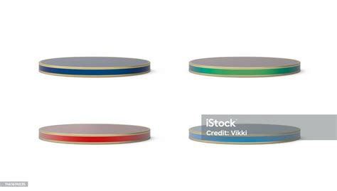 3d 컬러 라운드 연단 받침대 또는 황금 테두리가있는 플랫폼 세트 제품 프레젠테이션을 위해 배경에 격리된 디자인 요소 3d 그림입니다 0명에 대한 스톡 사진 및 기타 이미지