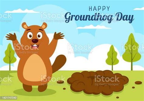 2 월 2 일 귀여운 Marmot 캐릭터와 정원 배경 템플릿 손으로 그린 만화 플랫 일러스트레이션과 함께 해피 그라운드 호그