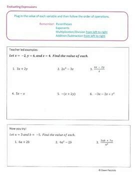Evaluating Expressions Worksheet And Lesson TPT