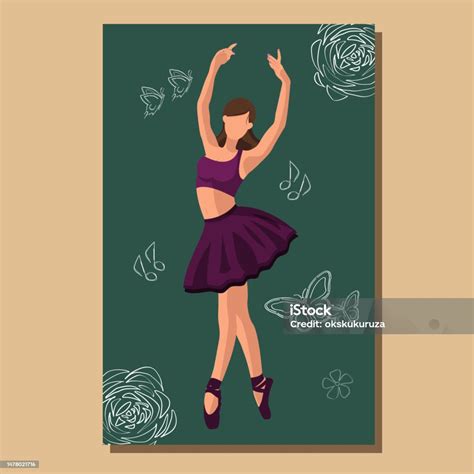 보라색 투투와 뾰족한 신발을 신은 백인 백인 얼굴 없는 발레 댄서가 꽃과 나비가 있는 녹색 포스터에서 춤을 추고 있습니다 플랫 스타일의 벡터 그림입니다 가냘픈에 대한 스톡