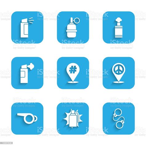 항의 수류탄 수갑 위치 평화 휘파람 후추 스프레이 및 아이콘을 설정합니다 벡터 개성 개념에 대한 스톡 벡터 아트 및 기타 이미지 개성 개념 경찰관 군사 Istock
