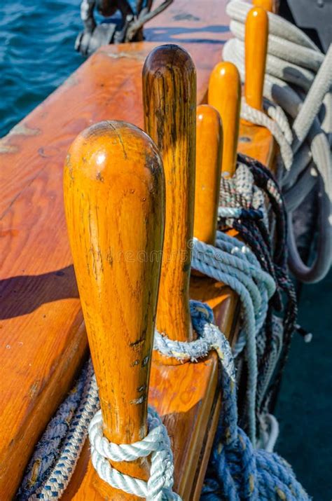 Close Up Of Tall Ship S Belaying Pins And Rigging Rope Stock Image