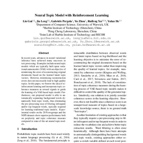 Neural Topic Model With Reinforcement Learning Acl Anthology