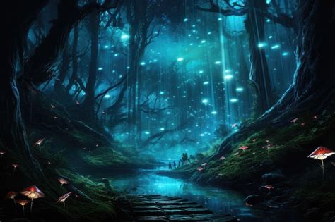 Premium Ai Image Mysterious Dark Forest With Fog And Lights 3d