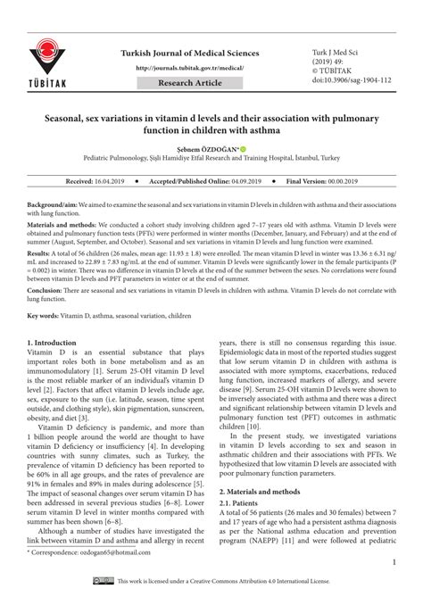 Pdf Seasonal Sex Variations In Vitamin D Levels And Their