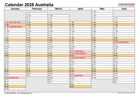 Australia Calendar 2028 Free Printable Word Templates